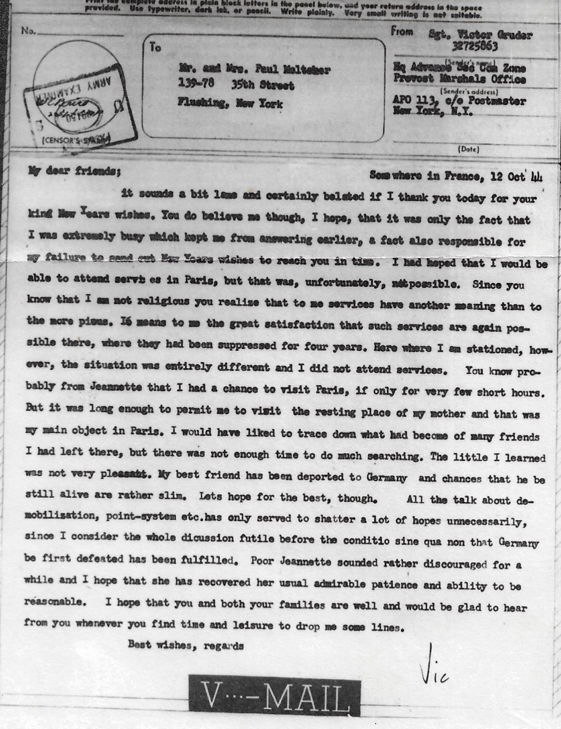 Letter 2: Army Service, Operation Overlord and Return to Paris – Victor ...